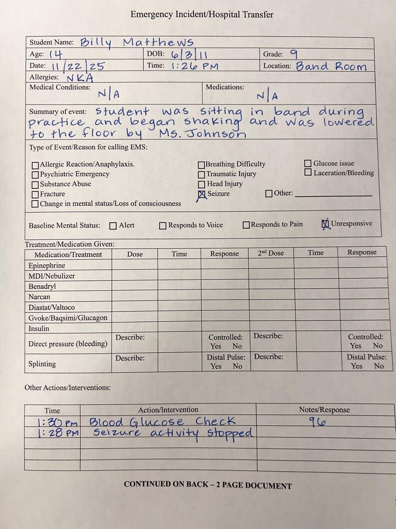 School Emergency Incident/hospital Transfer Form - Etsy
