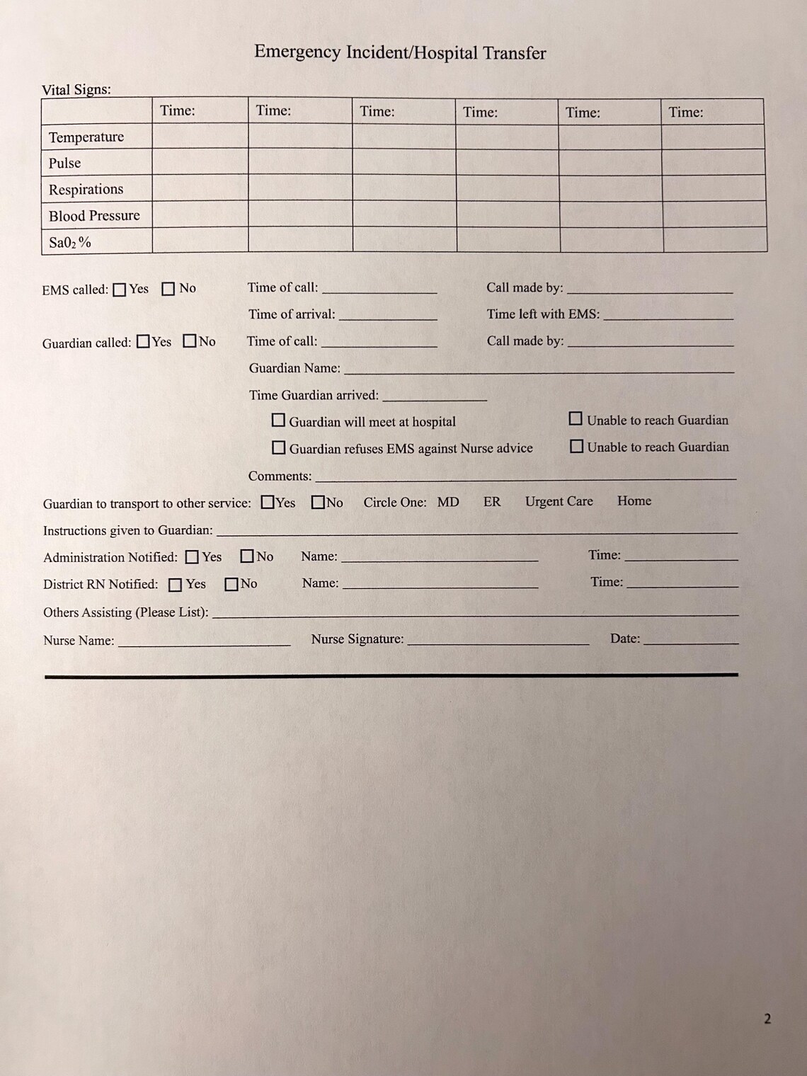 School Emergency Incident/hospital Transfer Form - Etsy