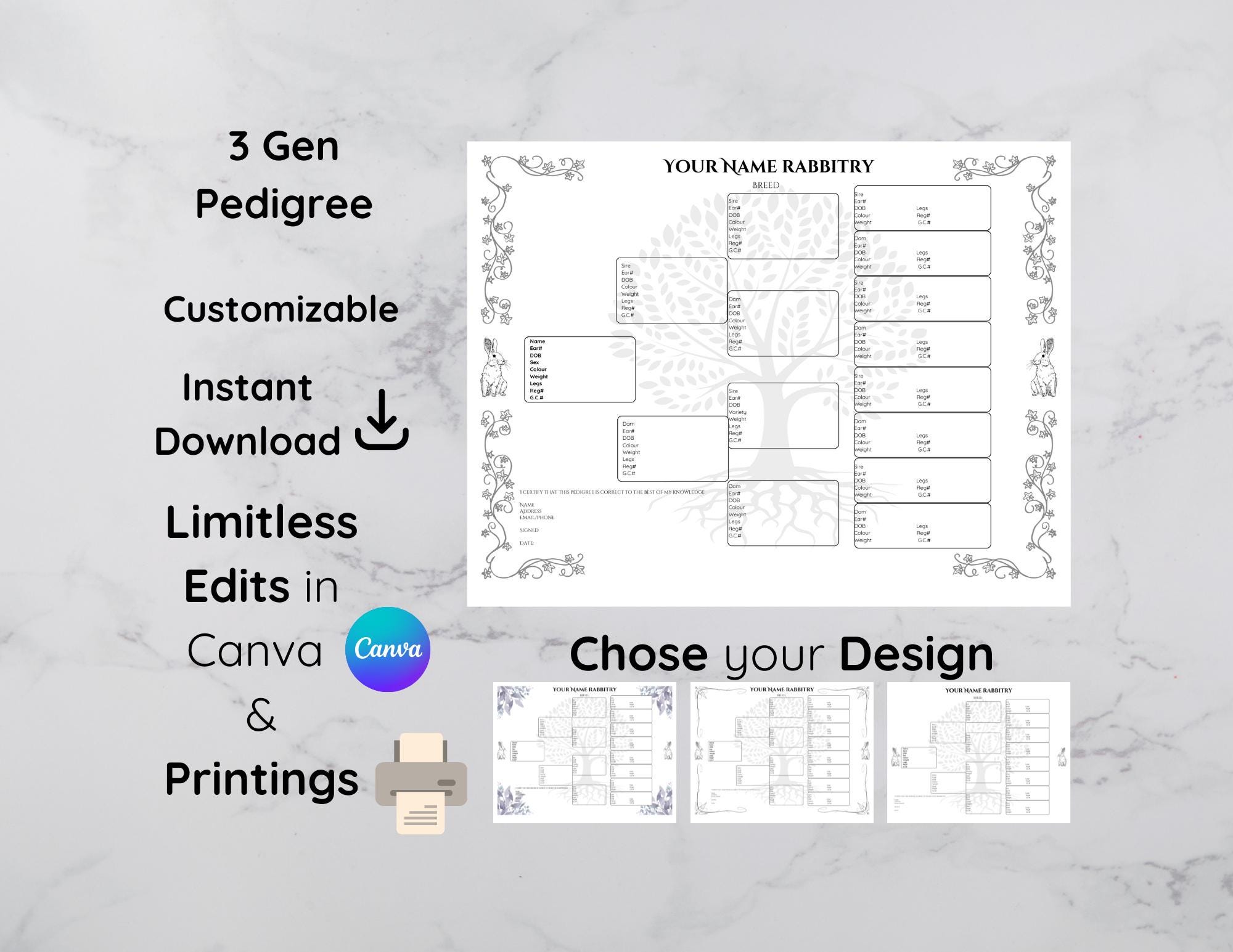 Editable Rabbit Pedigree DIY Canva Template Printable Bunny Pedigree 3 ...