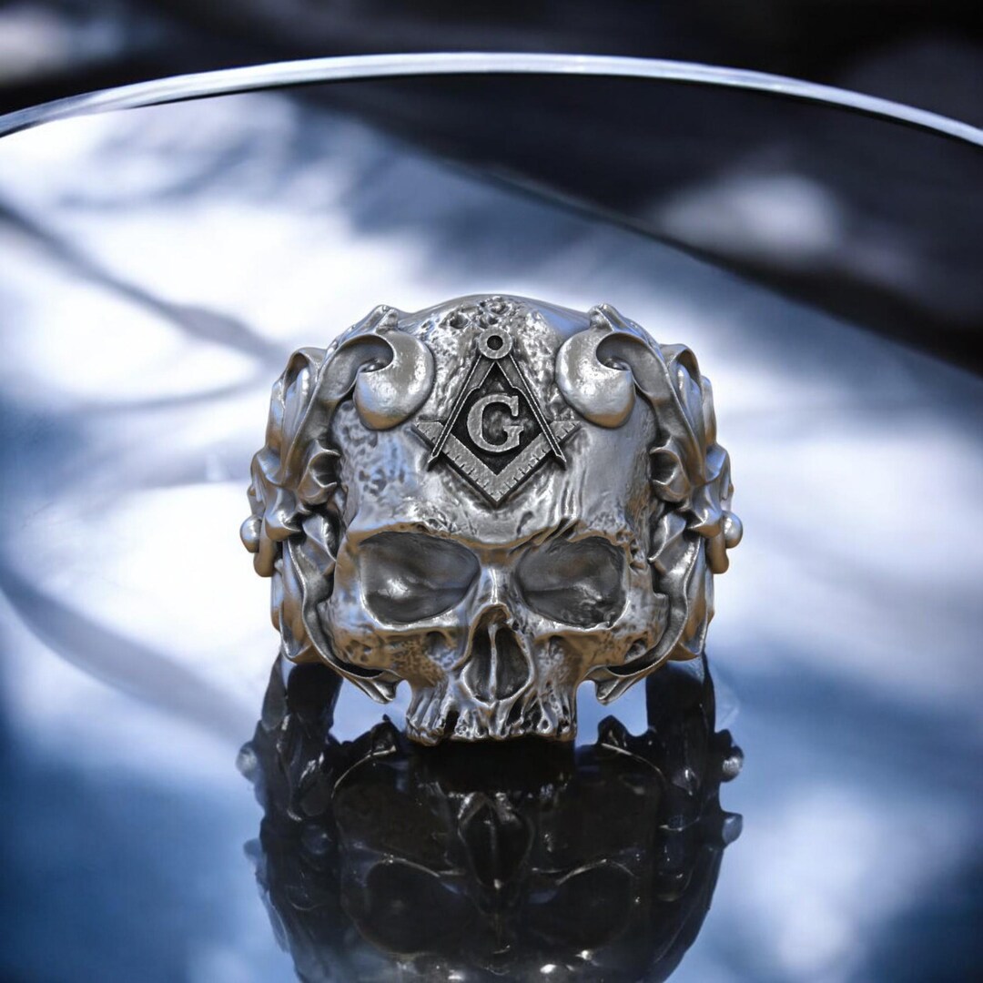 Masonic Skull Ring 925 Sterling Silver Handmade Gothic Freemason Symbol ...