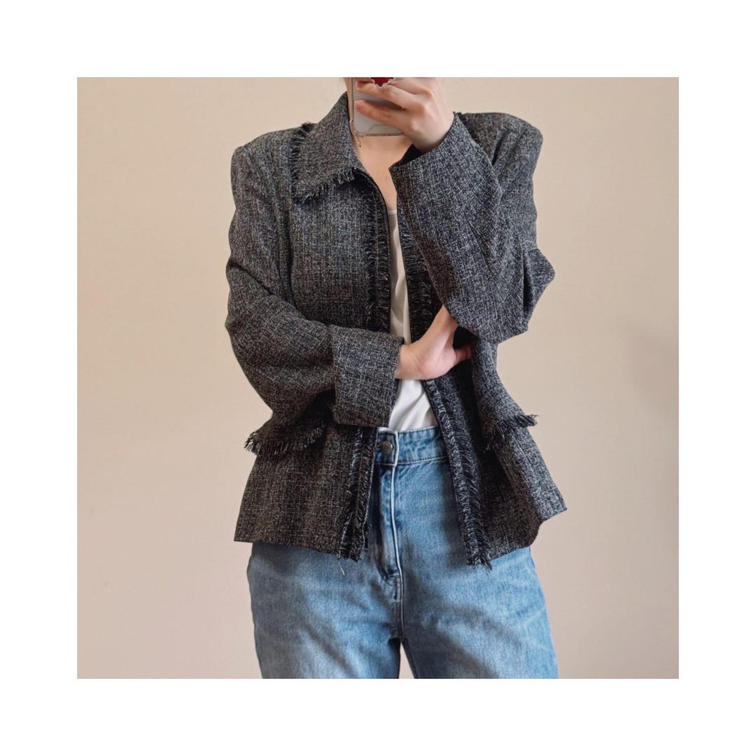 Vintage Tweed Fringe Trim Jacket – Classic M-L Fit Textured Open Front ...