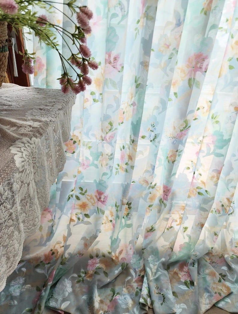Vintage Floral Jacquard Sheer Curtain Set Romantic Cottagecore Drapes ...