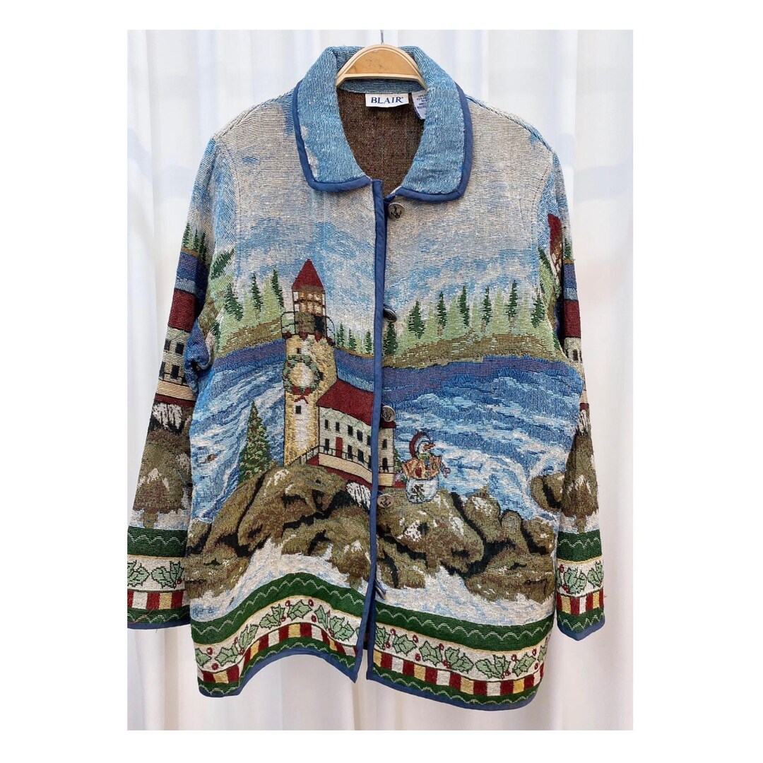 Vintage Blair Lighthouse Scenic Tapestry Jacket 100% Cotton Woven ...