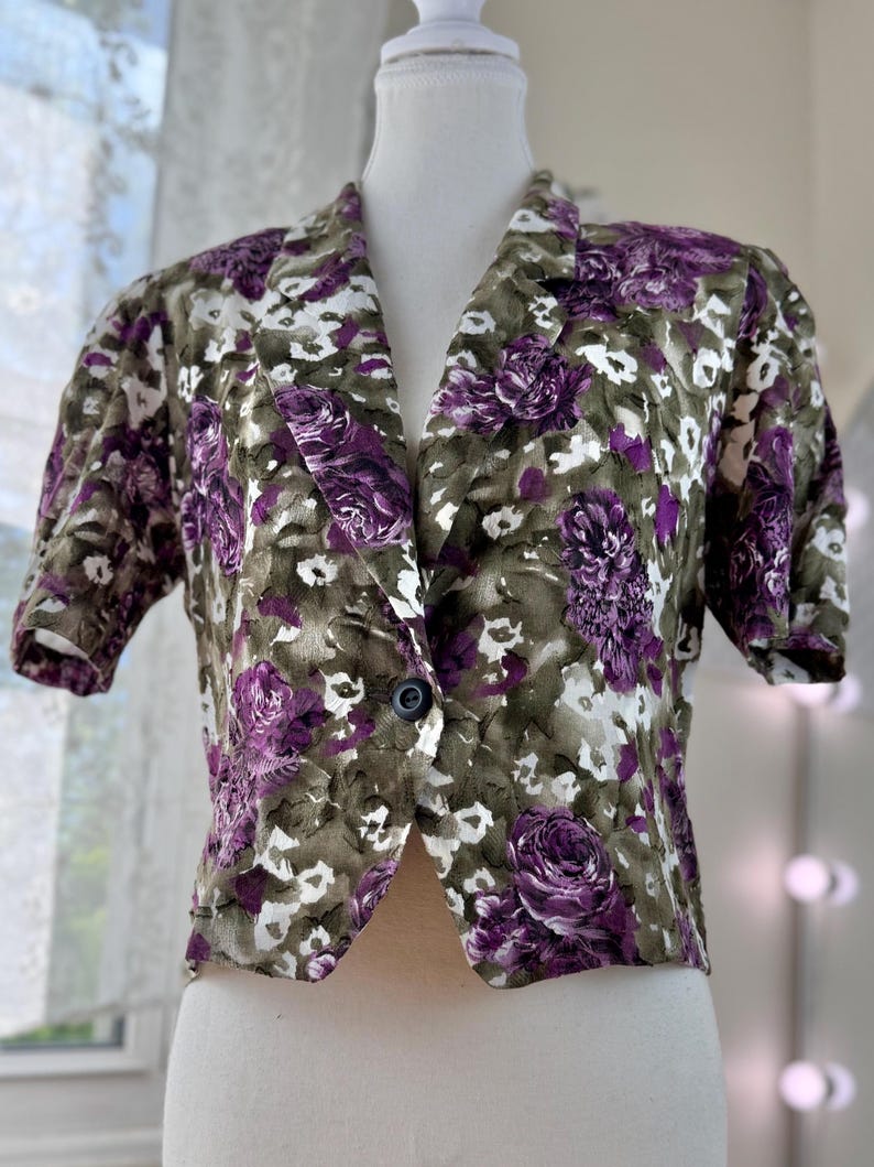 Vintage KORET Floral Cotton Cropped Blazer Jacket Women Short Sleeve ...