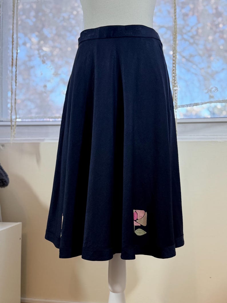 Vintage Floral Appliqué A-line Midi Skirt Rare Embroidered Elegant Bell ...