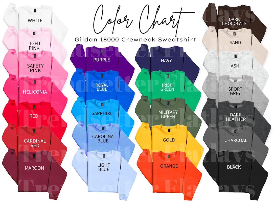 Gildan 18000 Color Chart | G18000 Crewneck Sweatshirt Fabric Swatches ...