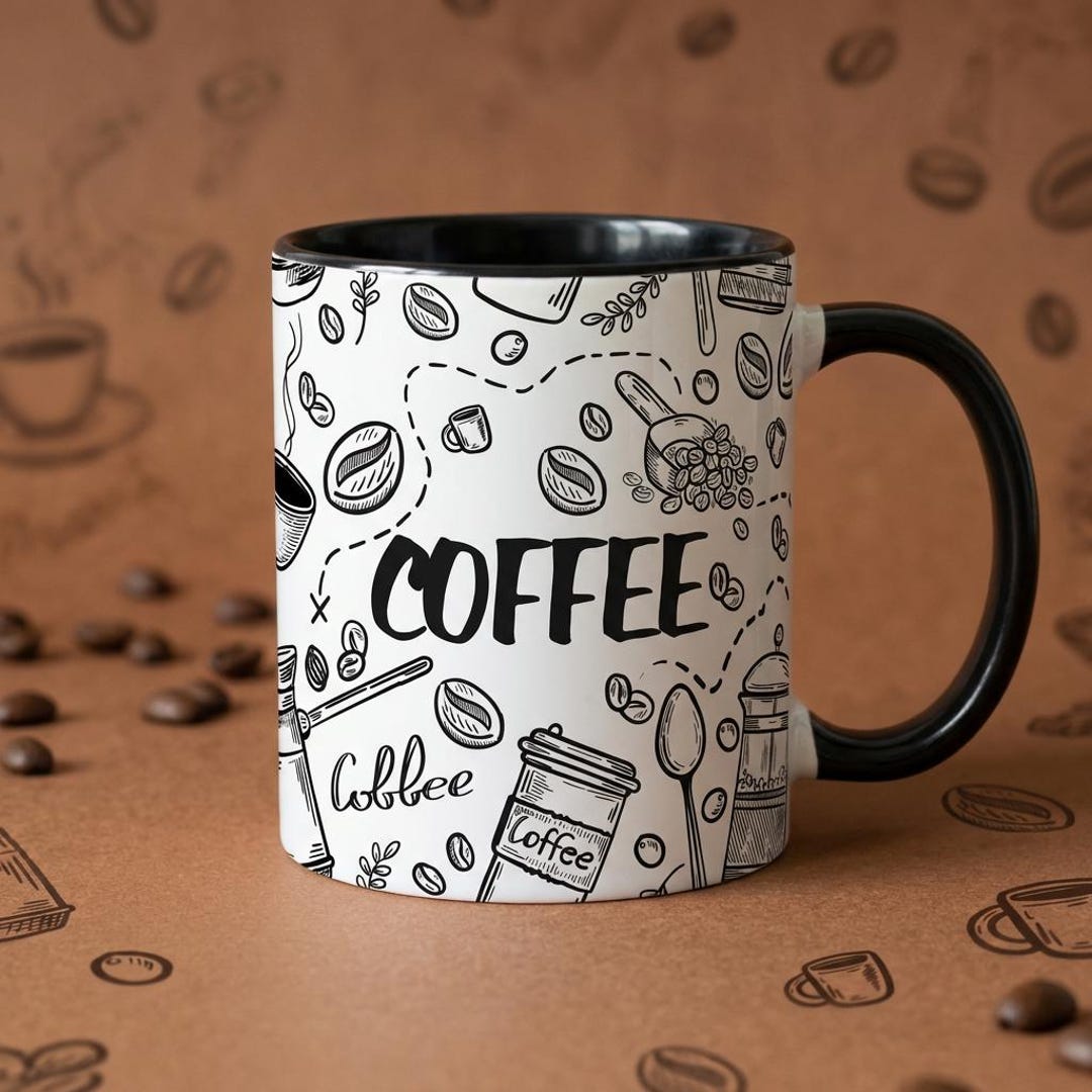 Hand-drawn Coffee Doodle Art Ceramic Mug, Black Handle Barista Gift - Etsy