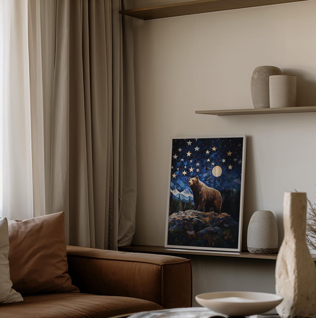 Starry Night Bear Art Print: Rustic Night Sky Illustration (digital ...