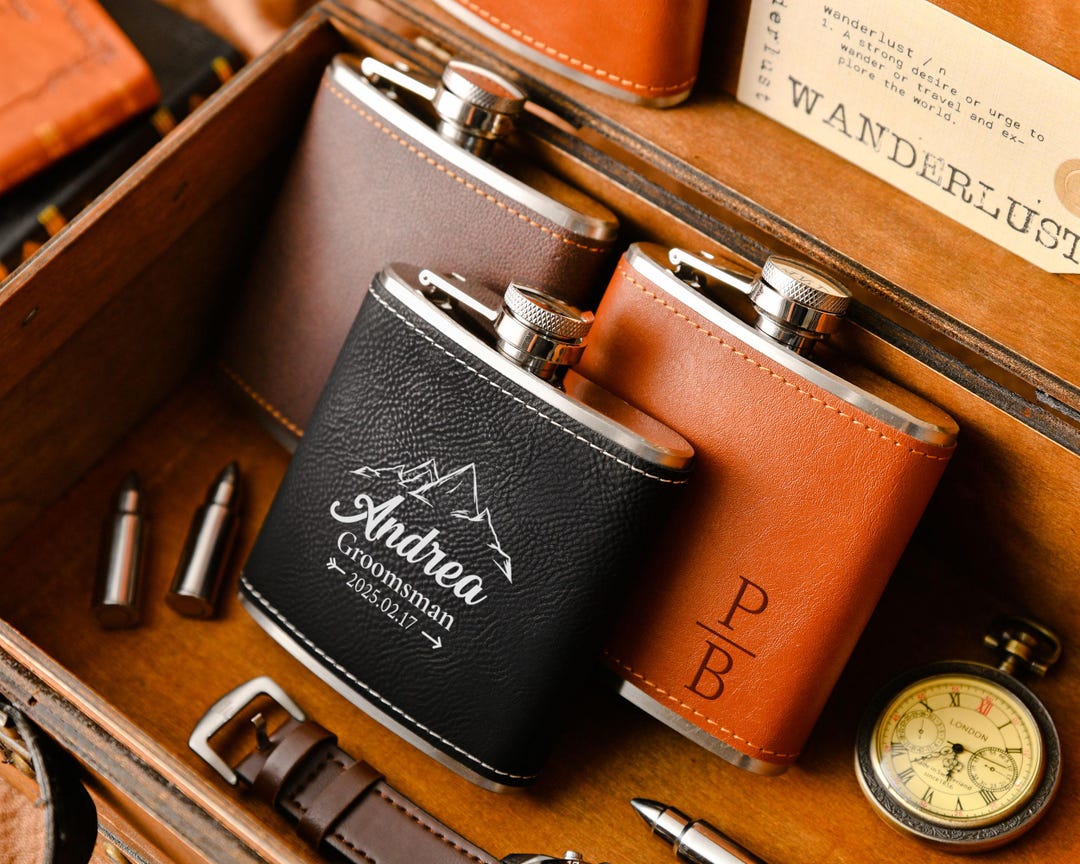 Personalized Engraved Leather Flask Set. Groomsman Gifts and Wedding ...