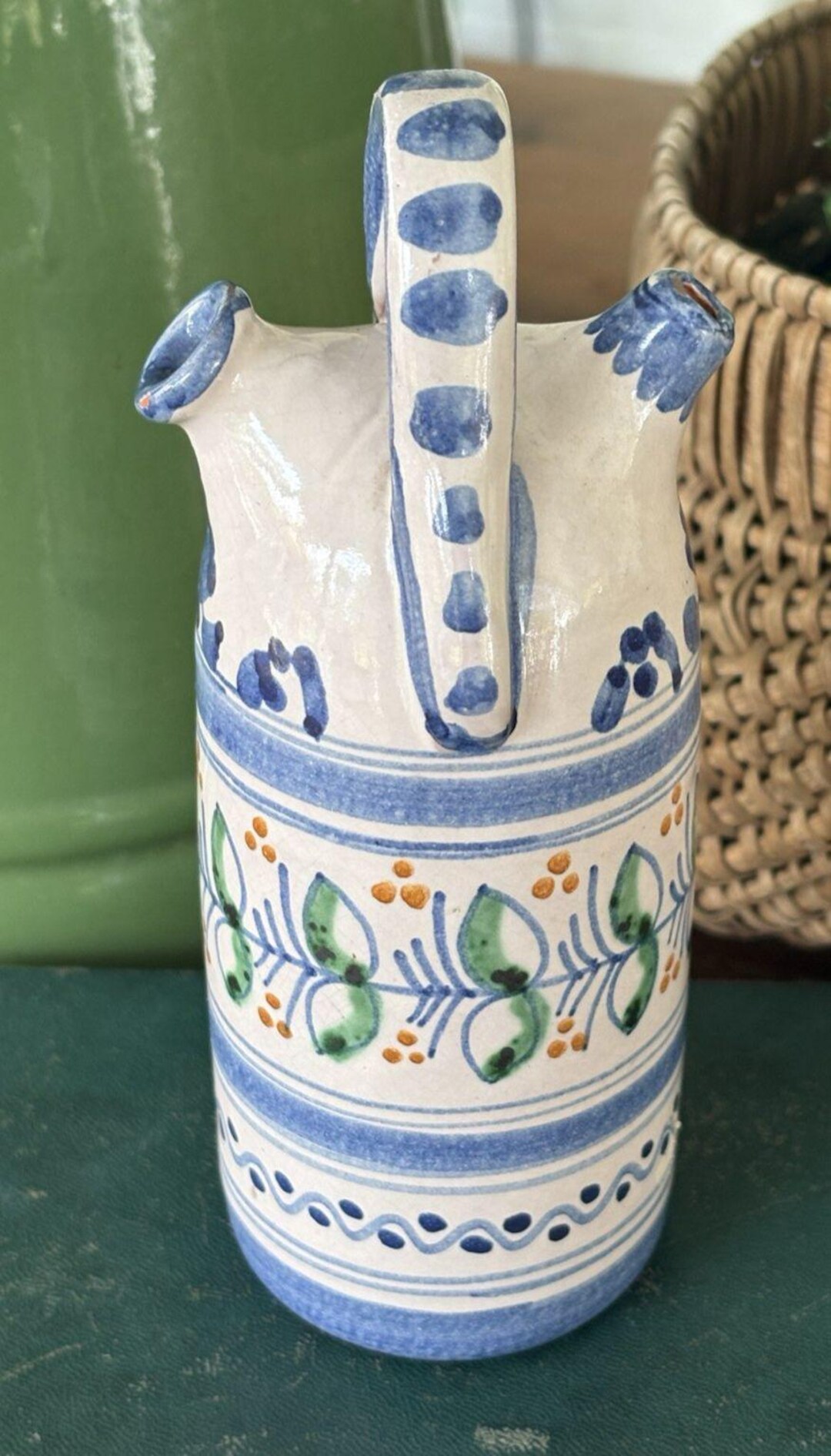 Vintage Spanish Botijo Blue & White Hand Painted Double Spout Jug ...
