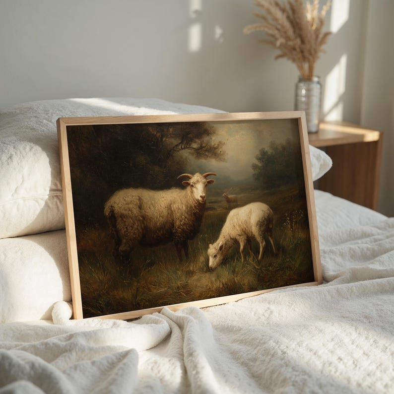 Farmhouse Wall Art of Vintage Sheep: Antique Oil Painting, Rustic ...