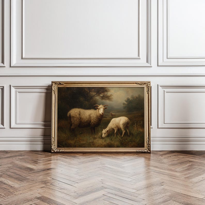 Farmhouse Wall Art of Vintage Sheep Art: Antique Oil Painting Digital ...
