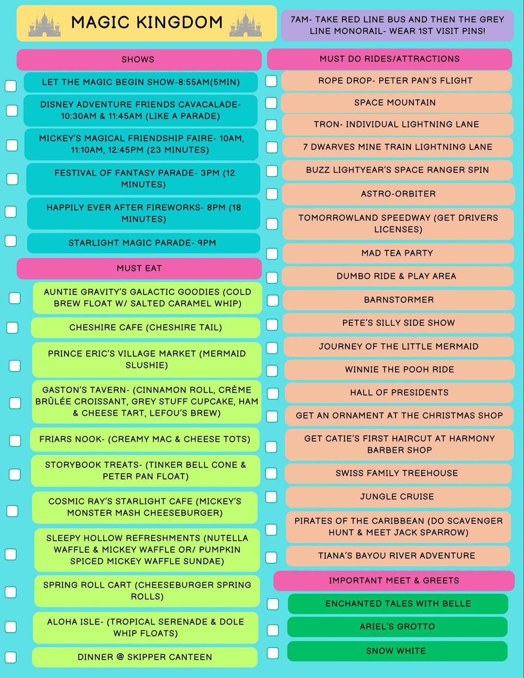 Disney Magic Kingdom Checklist Template - Etsy