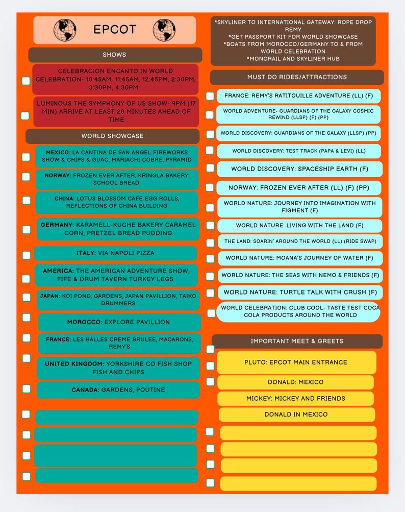 Disney Epcot Checklist Template - Etsy