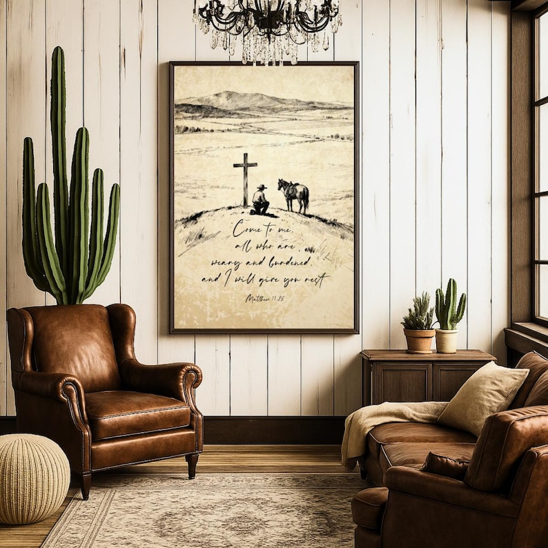 Matthew 11:28 Cowboy Cross Wall Art - Come to Me All Who Are Weary ...