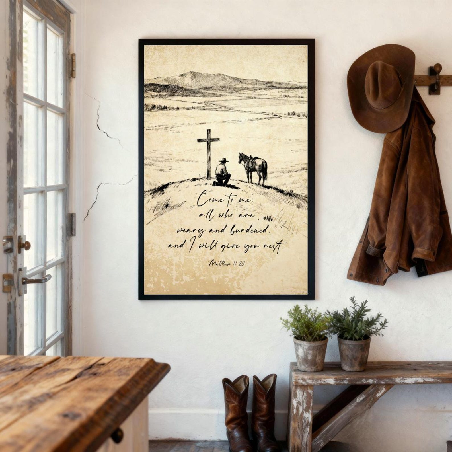 Matthew 11:28 Cowboy Cross Wall Art - Come to Me All Who Are Weary ...