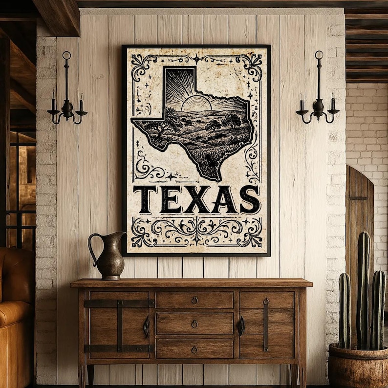 Texas State Art Print | Rustic Vintage Poster | Texas Wall Art, Ranch ...