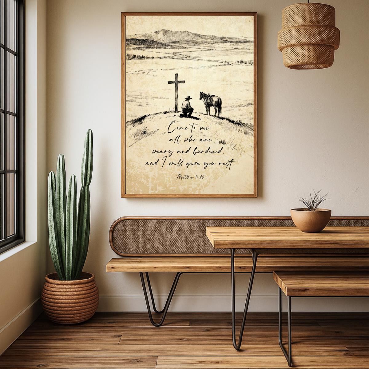 Matthew 11:28 Cowboy Cross Wall Art - Come to Me All Who Are Weary ...