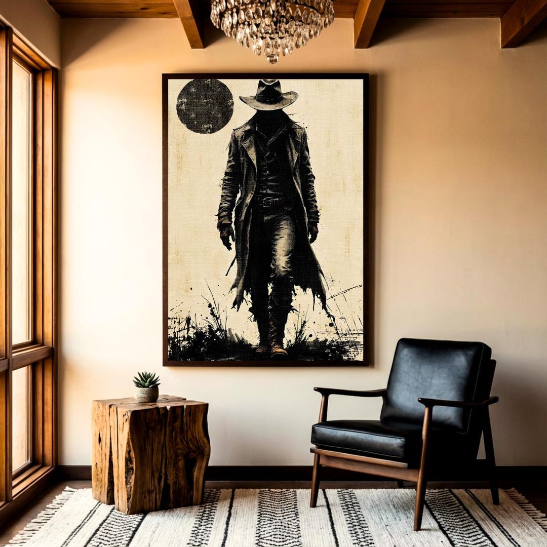 Mysterious Cowboy Ink Art Print, Western Rustic Wall Decor, Mid Century ...