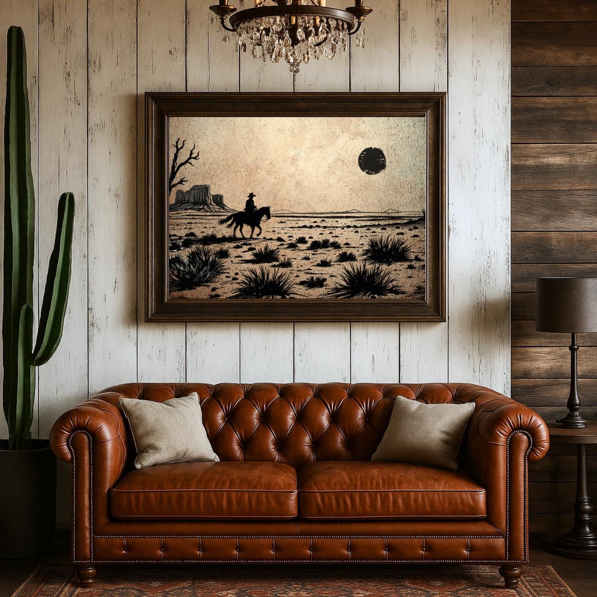 Moonlight Desert Cowboy Ink Drawing - Western Landscape Wall Art ...