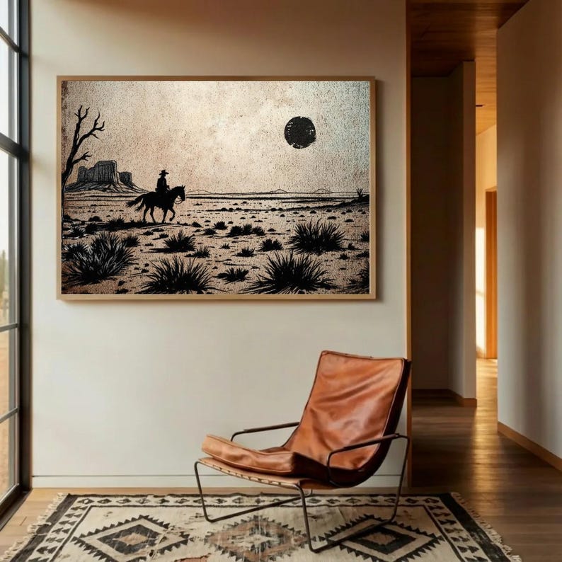 Moonlight Desert Cowboy Ink Drawing - Western Landscape Wall Art ...
