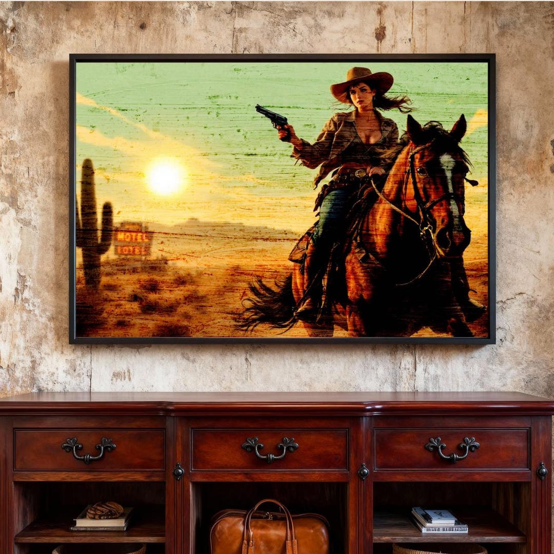 Western Cowgirl Shootout Art Print, Outlaw Wall Decor, Southwestern ...