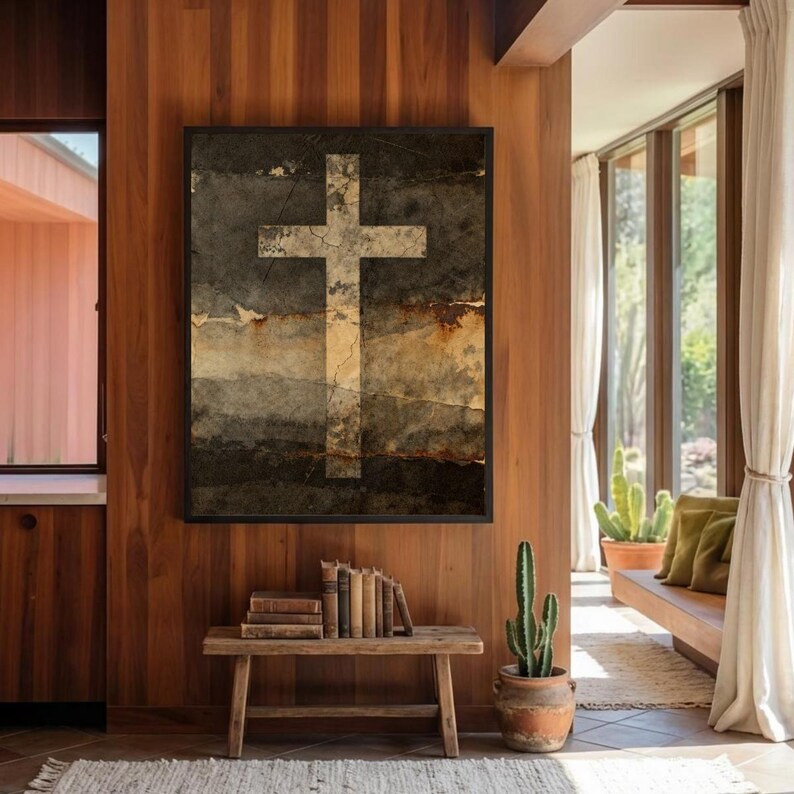 Rustic Cross Wall Art, Religious Abstract Print, Vintage Faith Poster ...