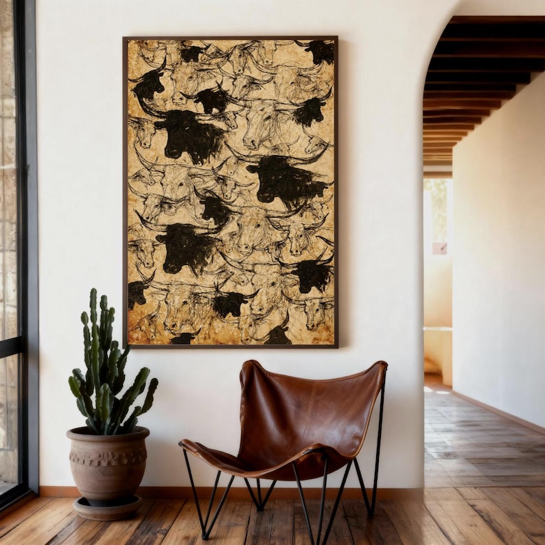 Abstract Longhorn Cattle Art, Black Ink Sketch Print, Western Wall ...