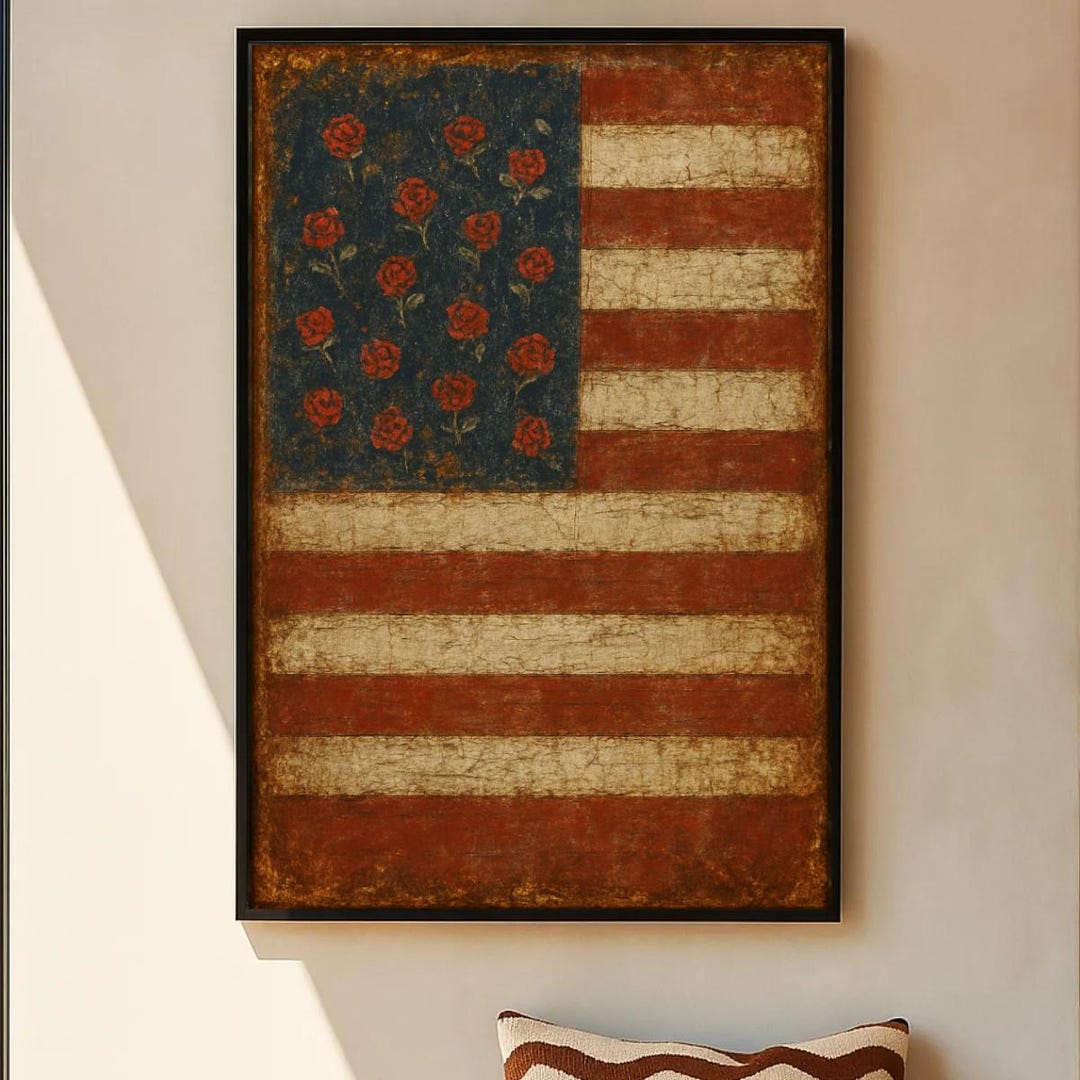 American Flag Roses Print Vintage - Patriotic Wall Art - Rustic USA ...
