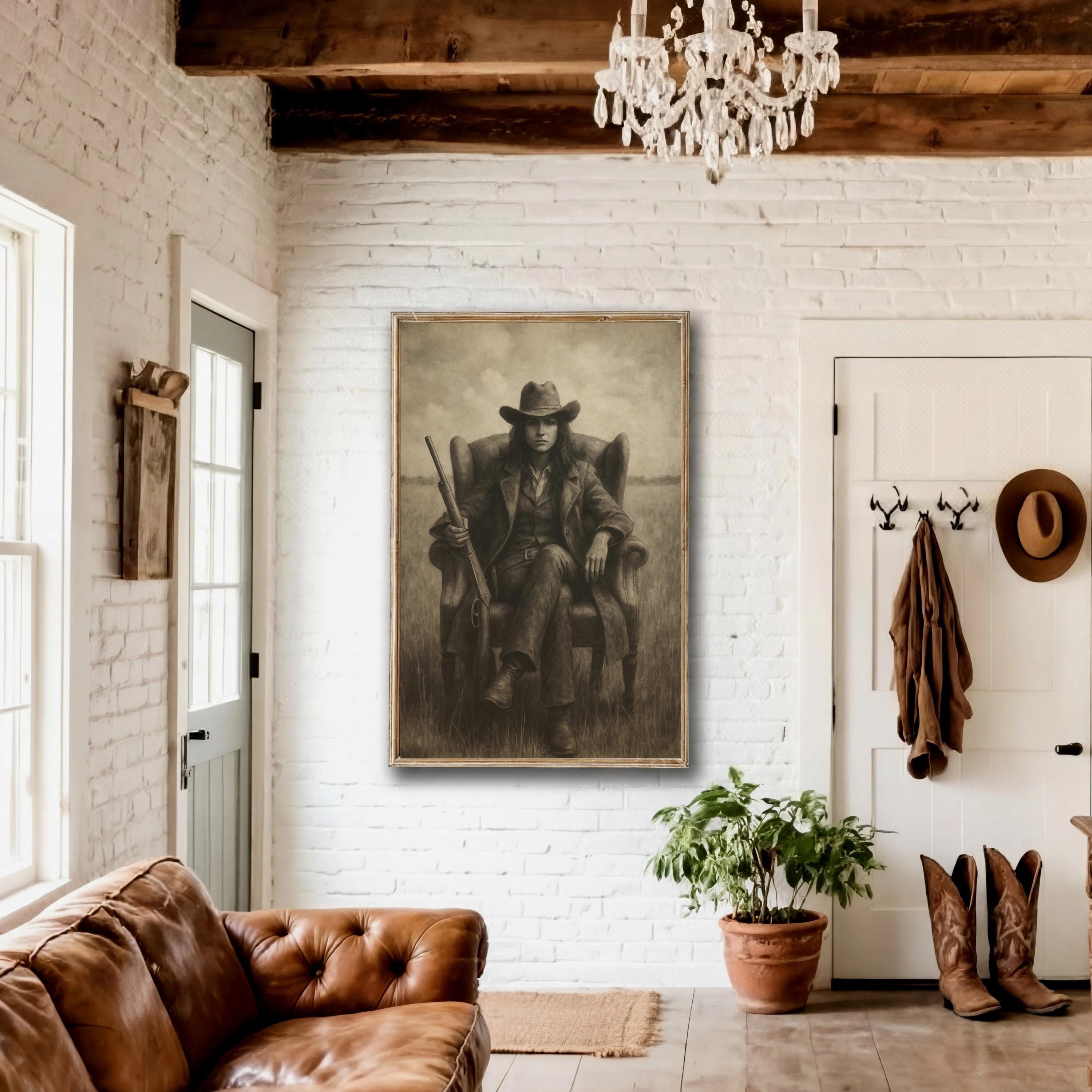 Western Outlaw Cowgirl Portrait Print, Vintage Wild West Sepia Poster ...
