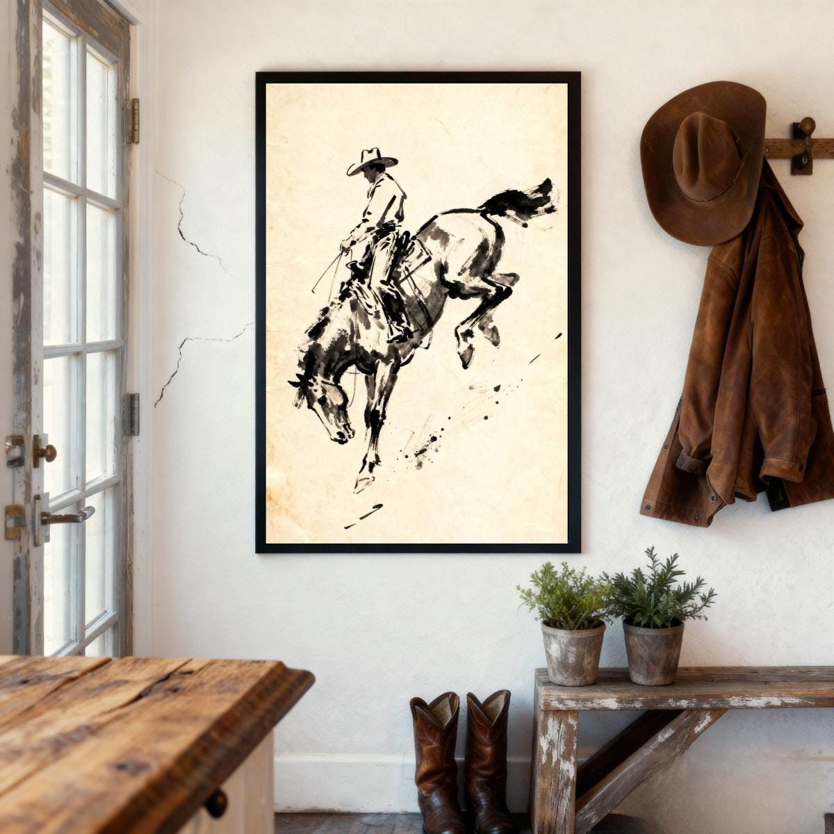 Vintage Cowboy Rodeo Print, 1800 Western Ink Drawing Wall Art, Bucking ...