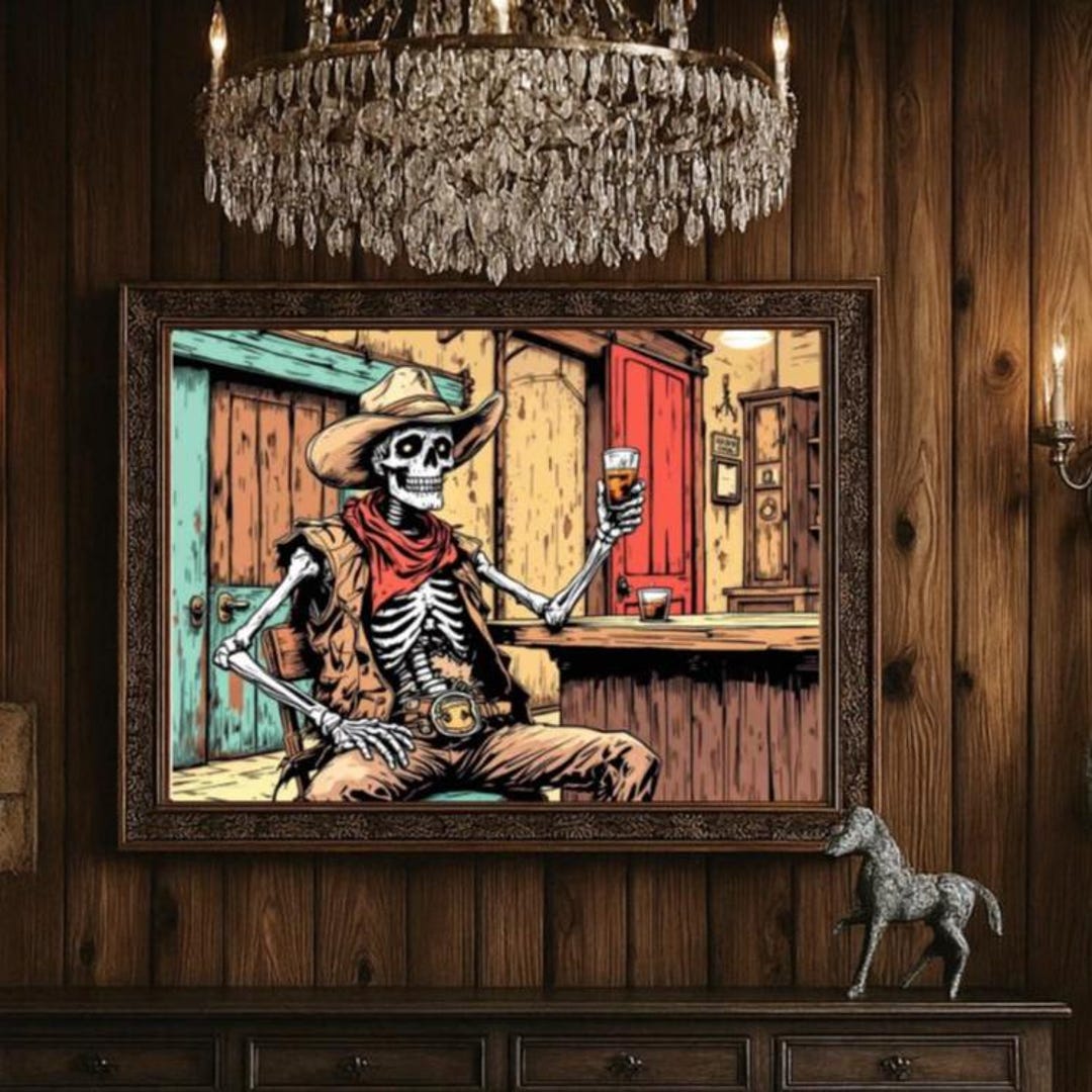 Western Cowboy Skeleton, Western Bar Wall Art, Gift for Him, Cowboy Art ...