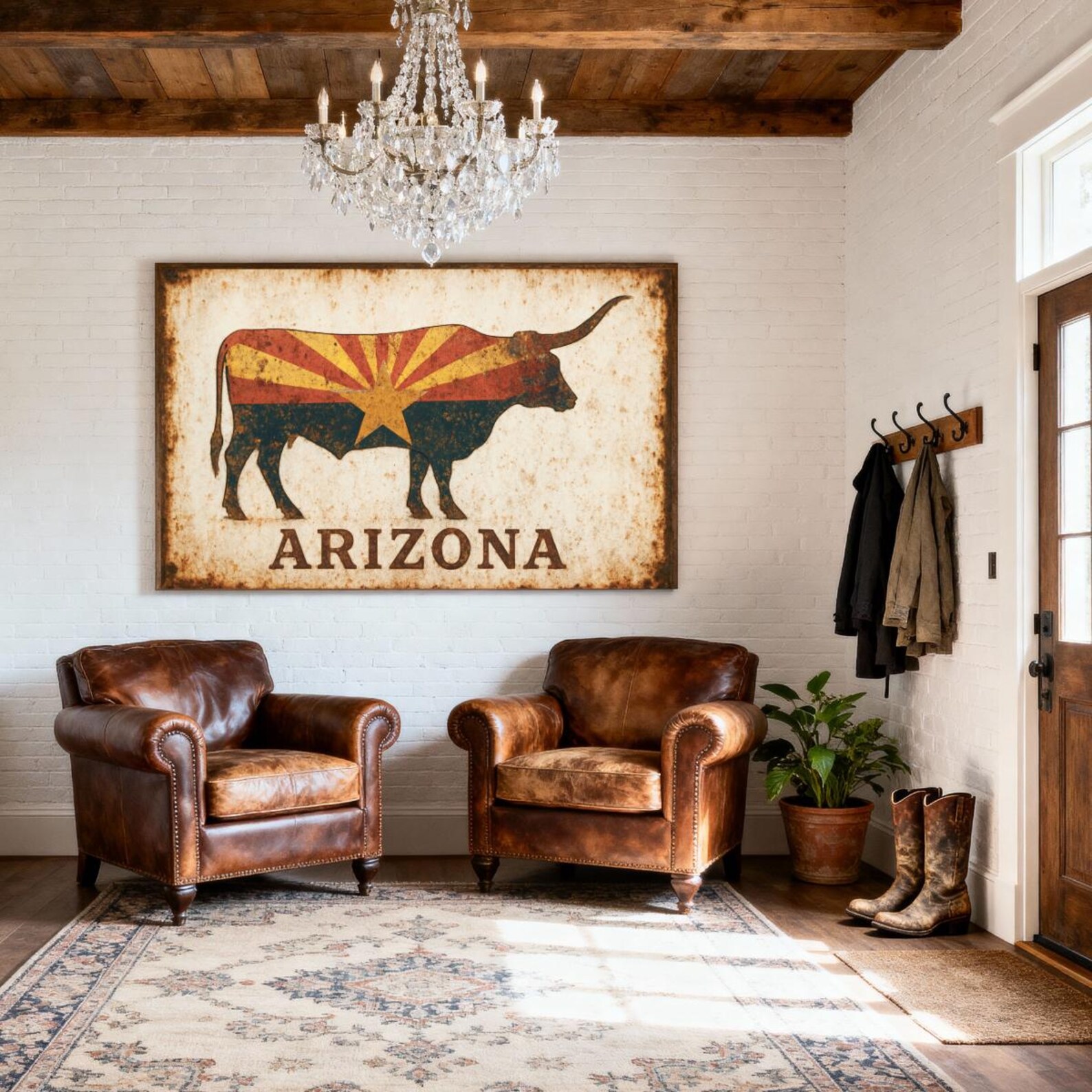 Arizona Flag Wall Art, Longhorn Print, Western Decor, Rustic Home Decor ...