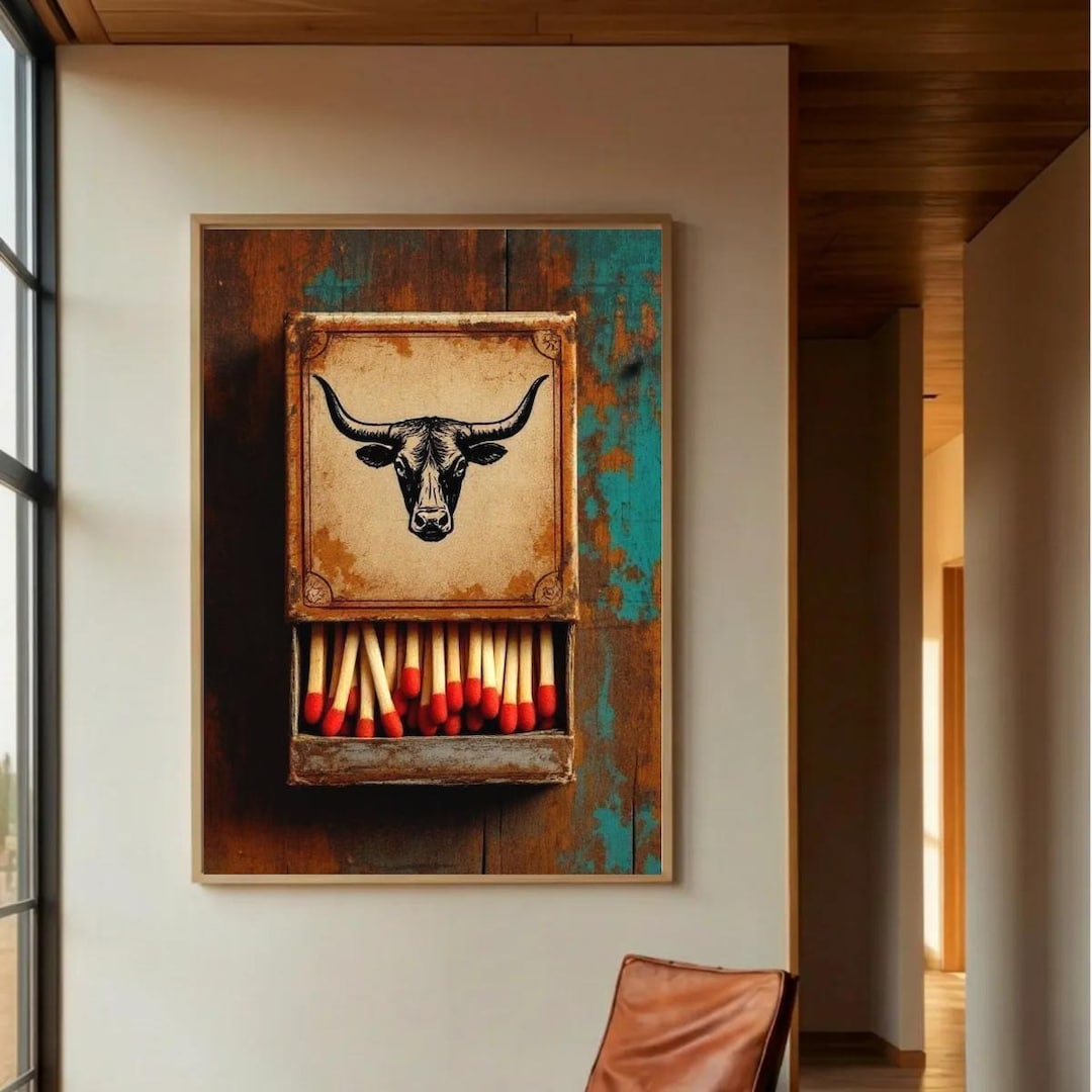 Rustic Longhorn Matchbox Art Print | Vintage Western Wall Art ...