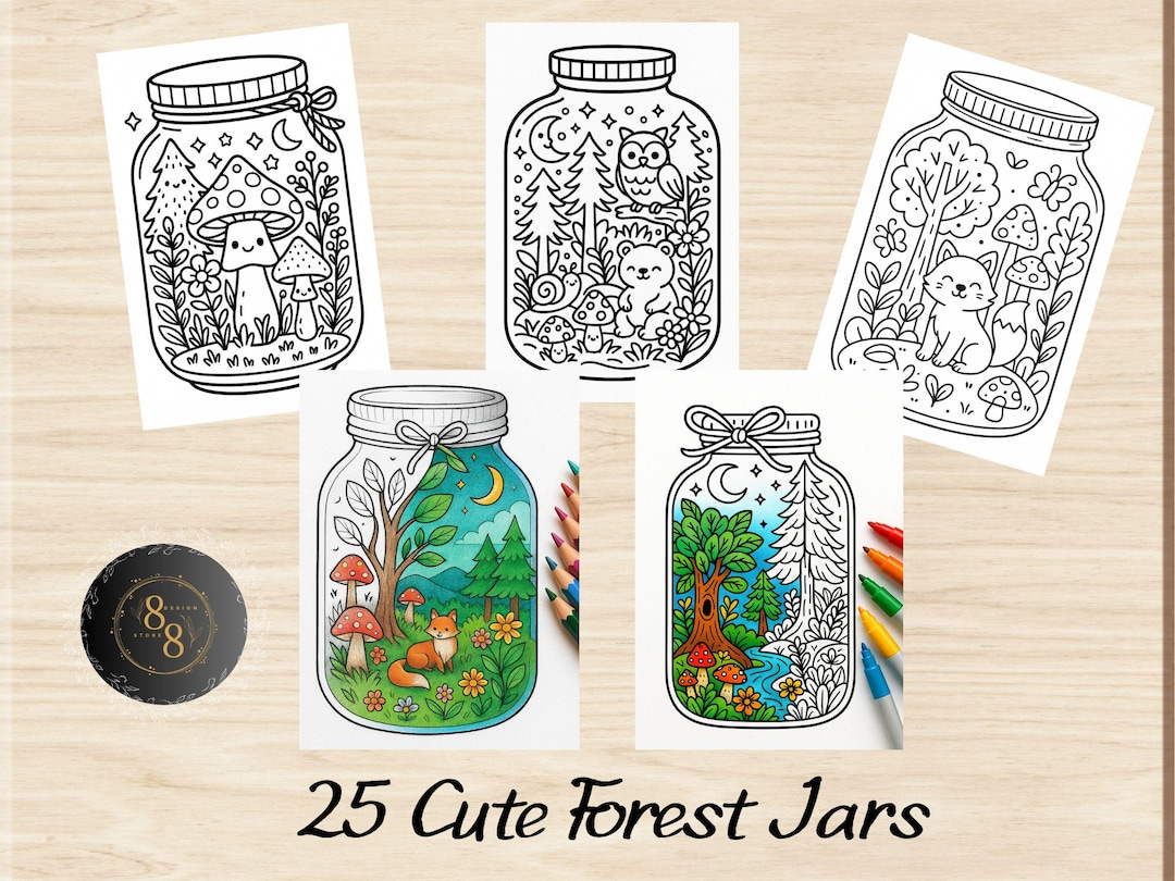 Bold and Easy Coloring Book, Cute Kawaii Forest Jar Coloring Pages ...