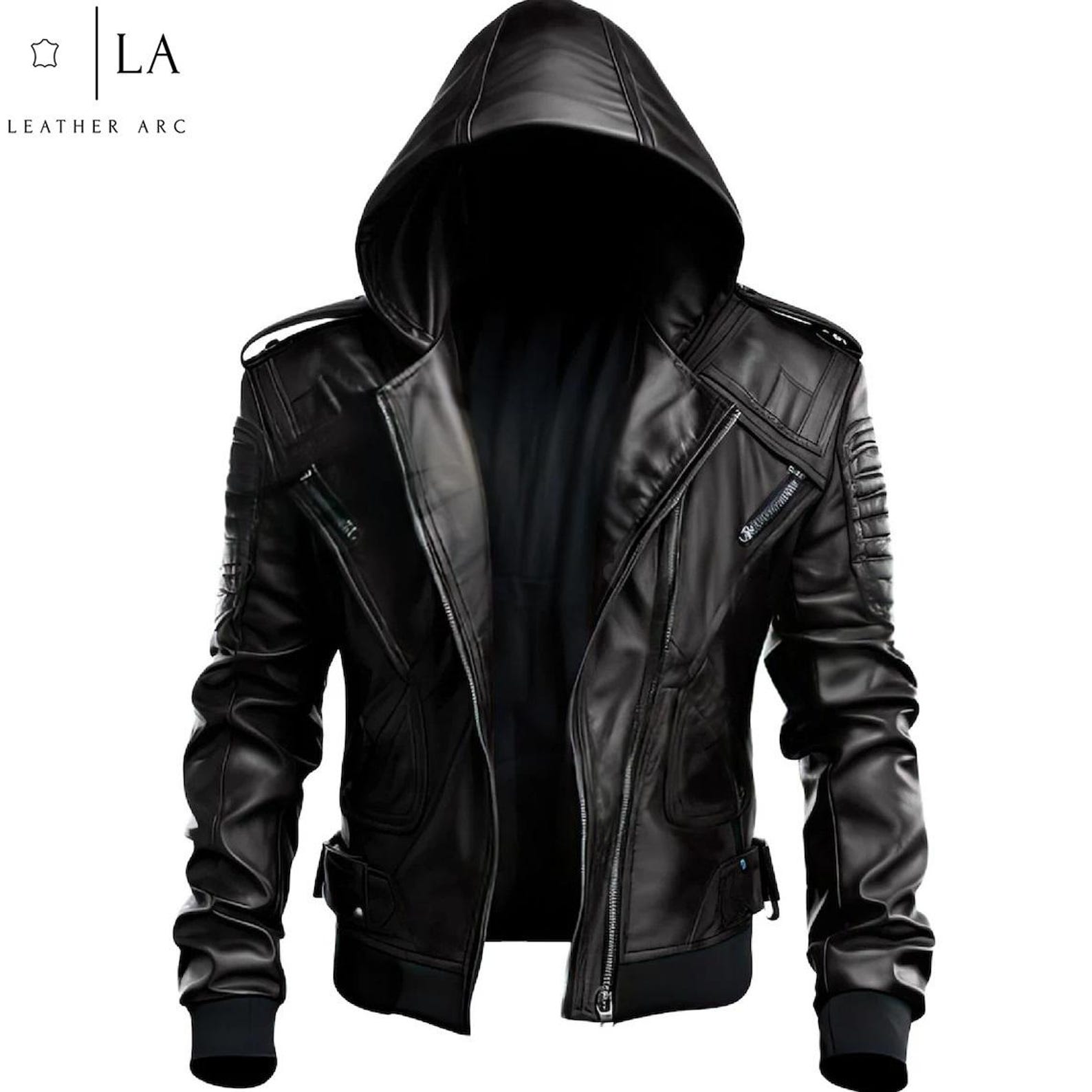 Men's Black Sheepskin Leather Biker Jacket: Hooded Motorcycle Jacket - Etsy