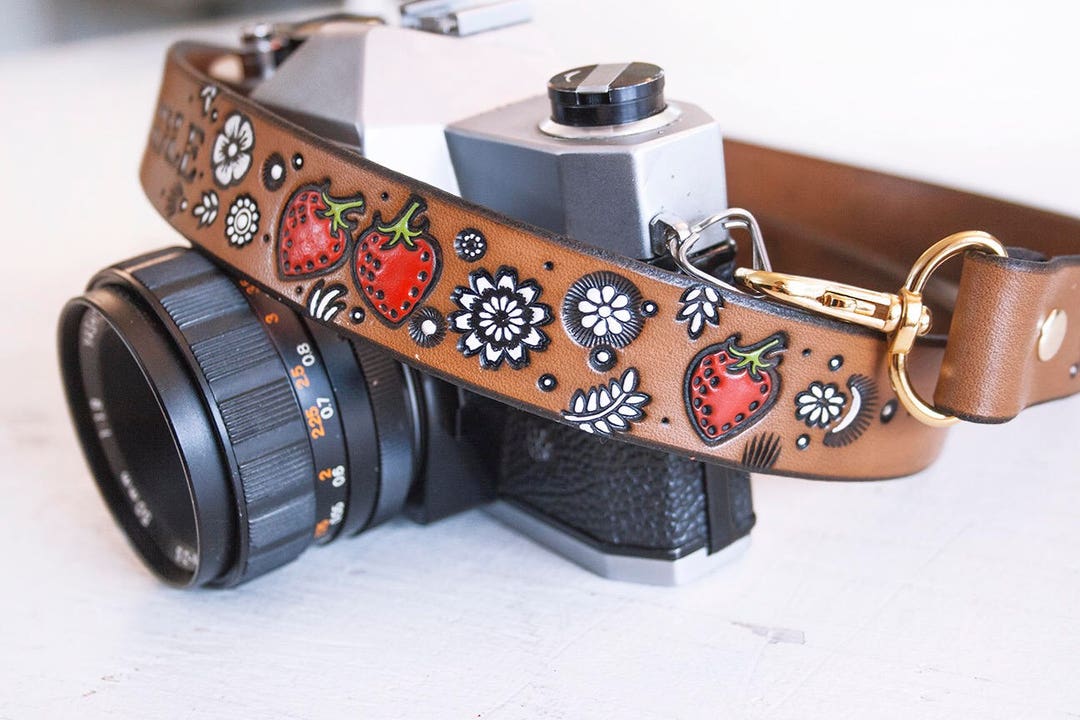 Custom Leather Camera Strap: Strawberries and Wildflowers, Personalized ...