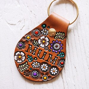 MOM Leather Key Ring - Floral Pattern - MUM - Hand Painted and Hand ...