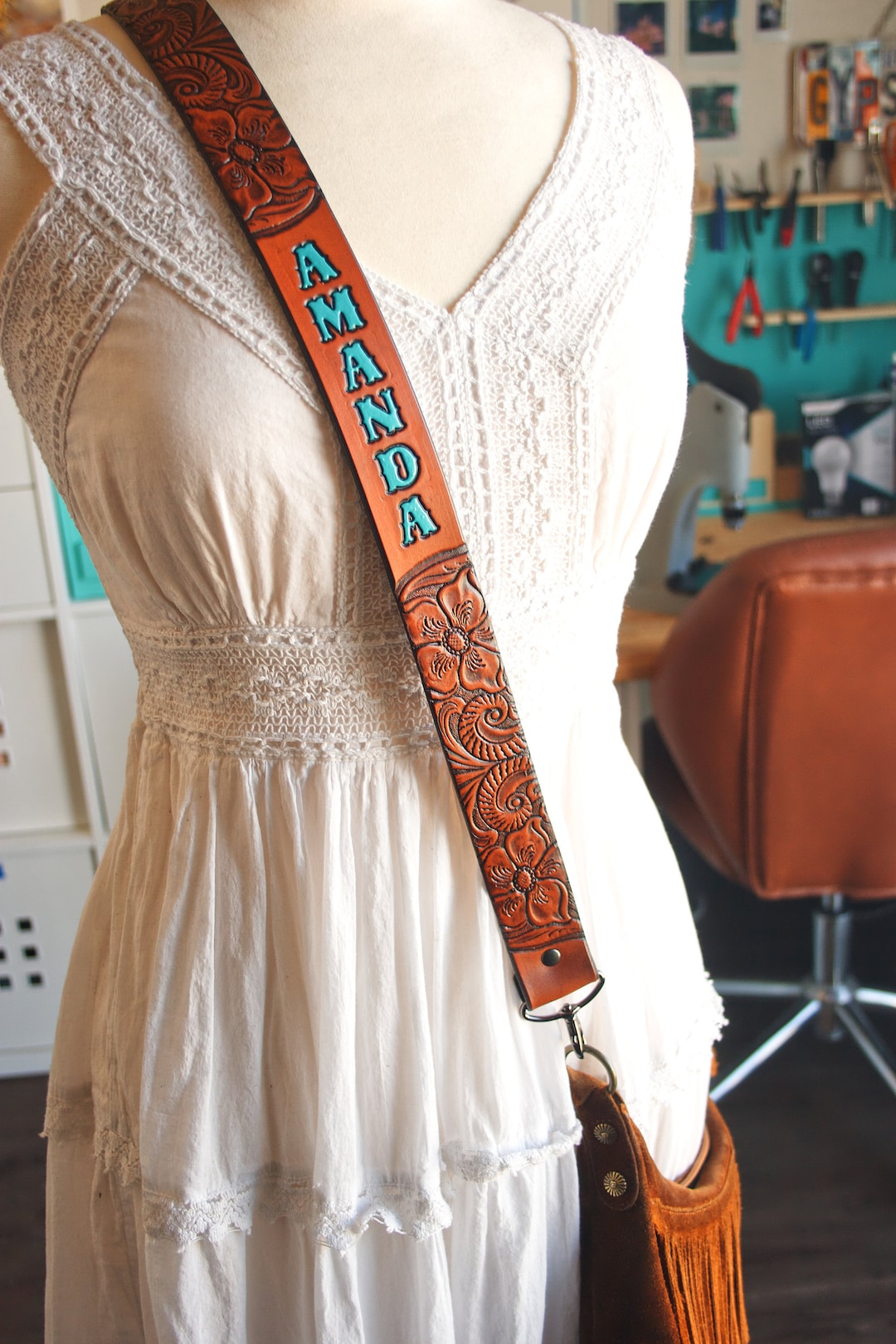Custom Leather Purse Strap Western Floral Tooled Leather Wide Crossbody ...