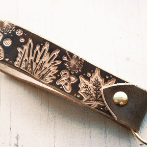 Leather Keychain - Oak and Pine Trees, Acorns, Dandelions, Cattails ...