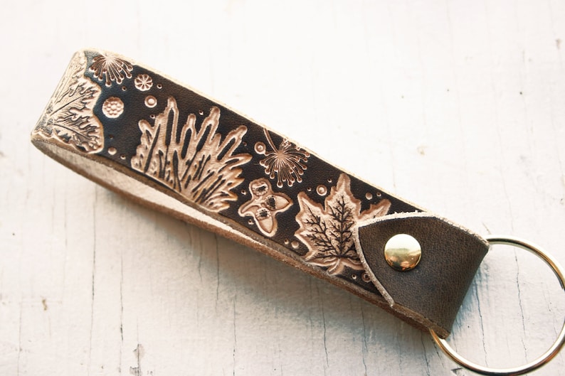 Leather Keychain Oak and Pine Trees Acorns Dandelions - Etsy