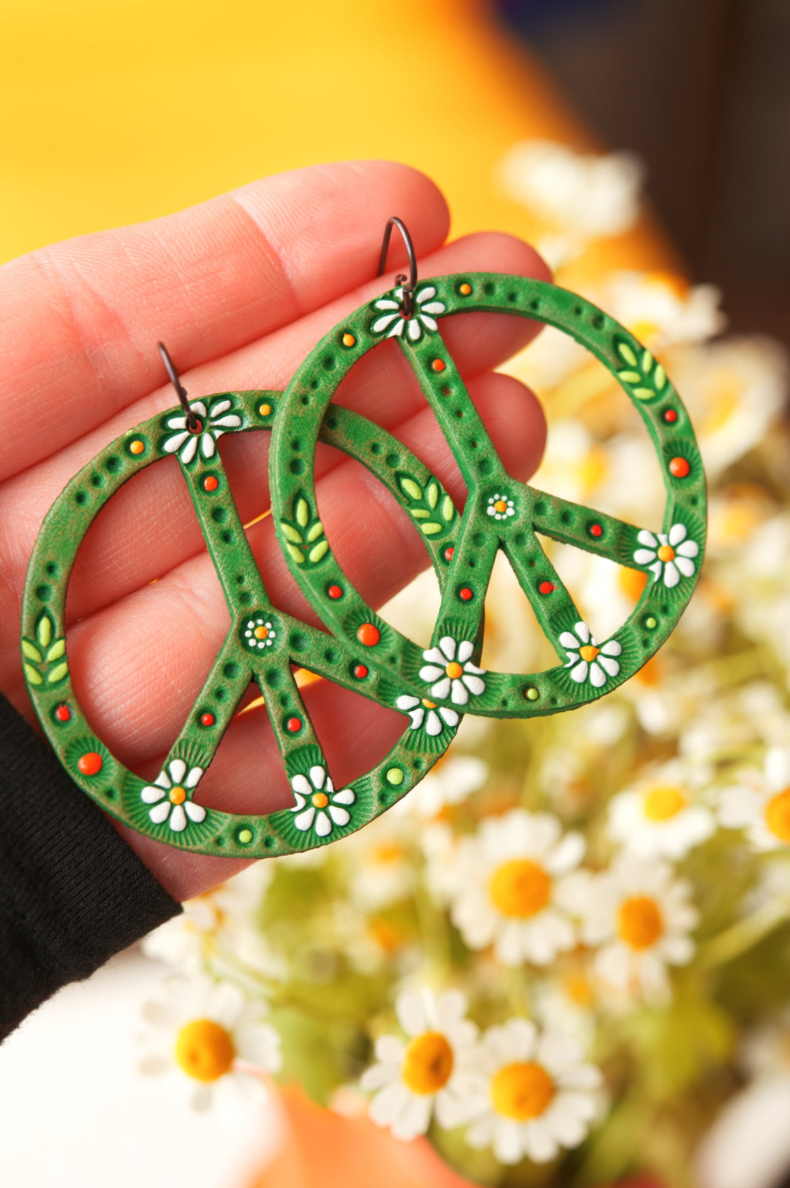 Spring Green Daisy Peace Sign Leather Earrings Hippie Flower | Etsy