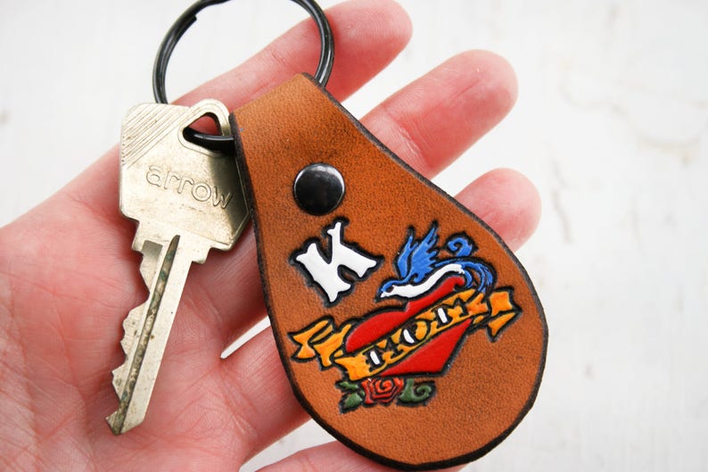 Custom initial leather key ring Sailor Jerry style MOM heart | Etsy