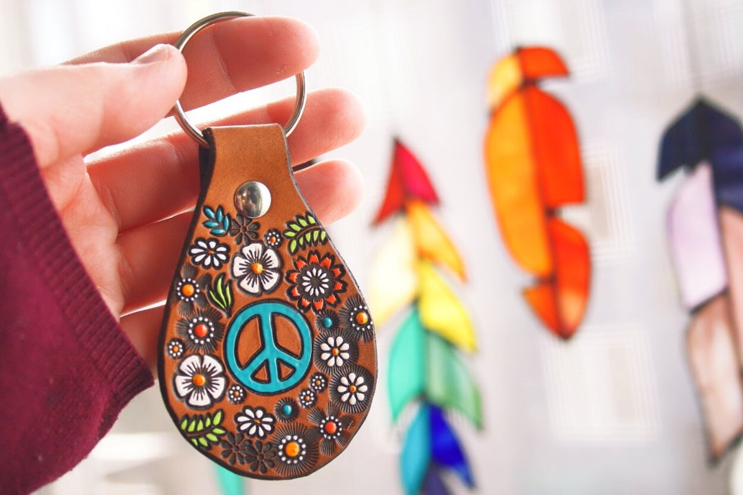 Peace Sign Floral Leather Key Ring - Hand Painted and Hand Stamped ...
