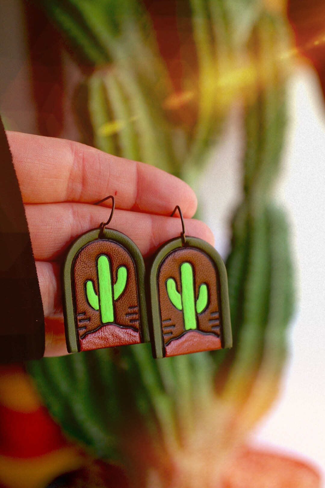 Saguaro Cactus Leather Earrings - Desert Portal - Hand Painted Jewelry ...
