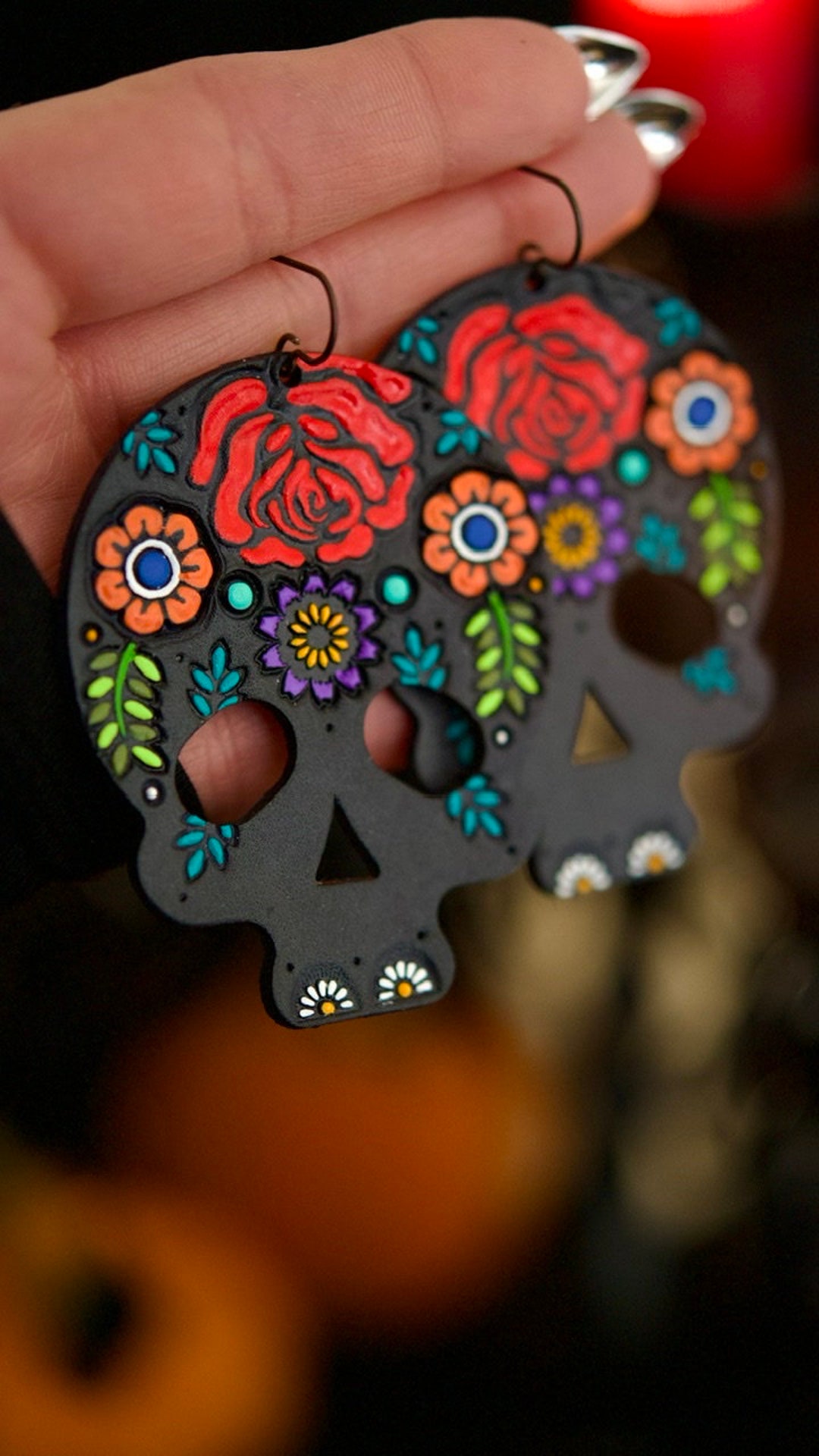 Red Rose Sugar Skull Leather Earrings - Dia De Los Muertos - Etsy