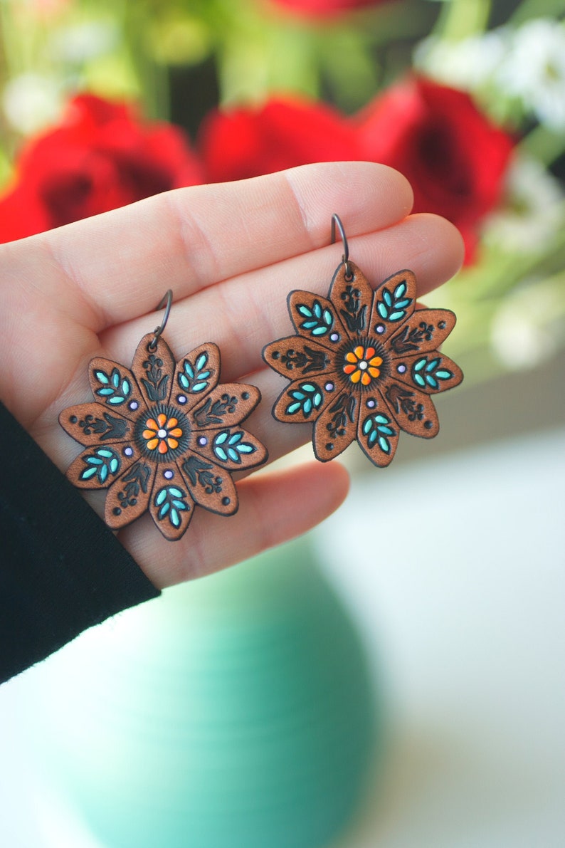 Daisy Mandala Leather Earrings Colorful and lightweight | Etsy
