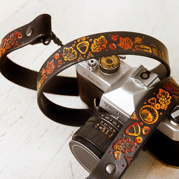 Custom Leather Camera Strap: Autumn Leaves, Acorns, Made to Order - Etsy