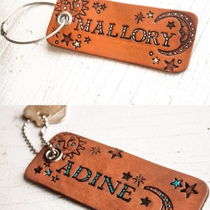 Custom Celestial Leather Tag - Sun, Moon and Stars -personalized Name ...