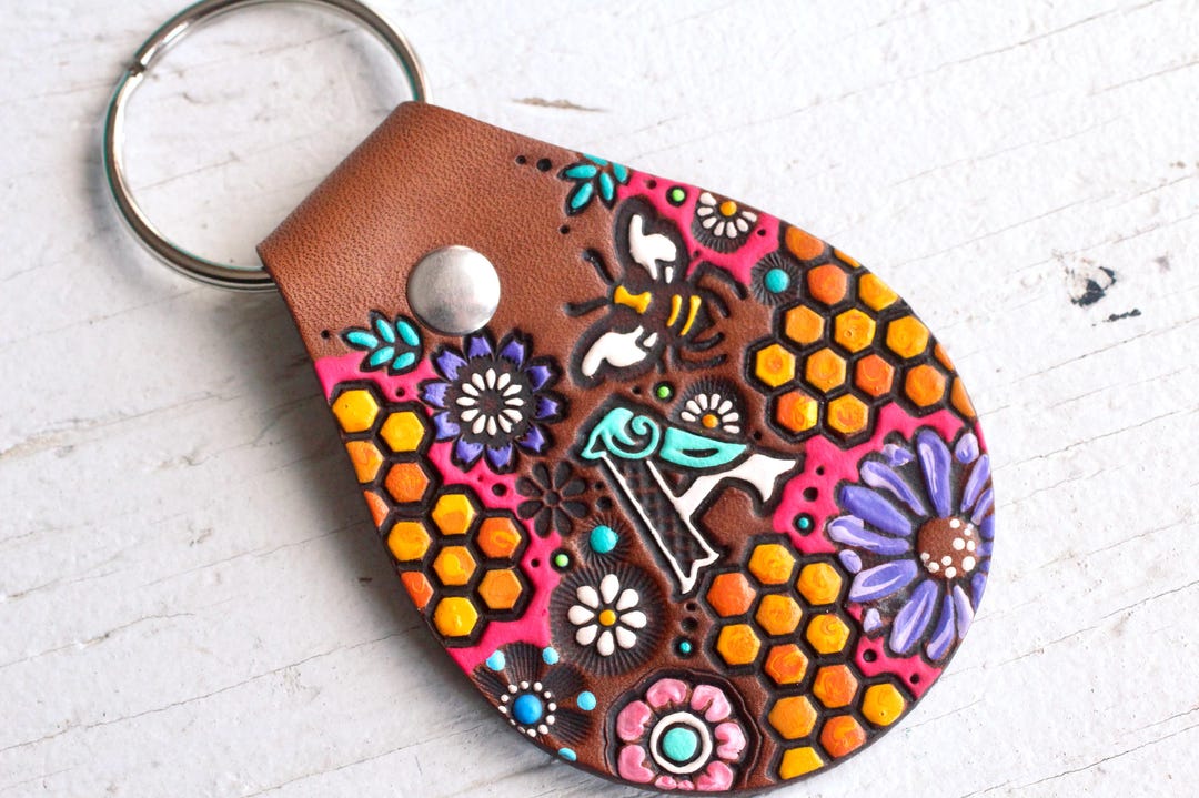 Custom Leather Key Fob: Hand-painted Honeycomb, Flowers & Bees - Etsy